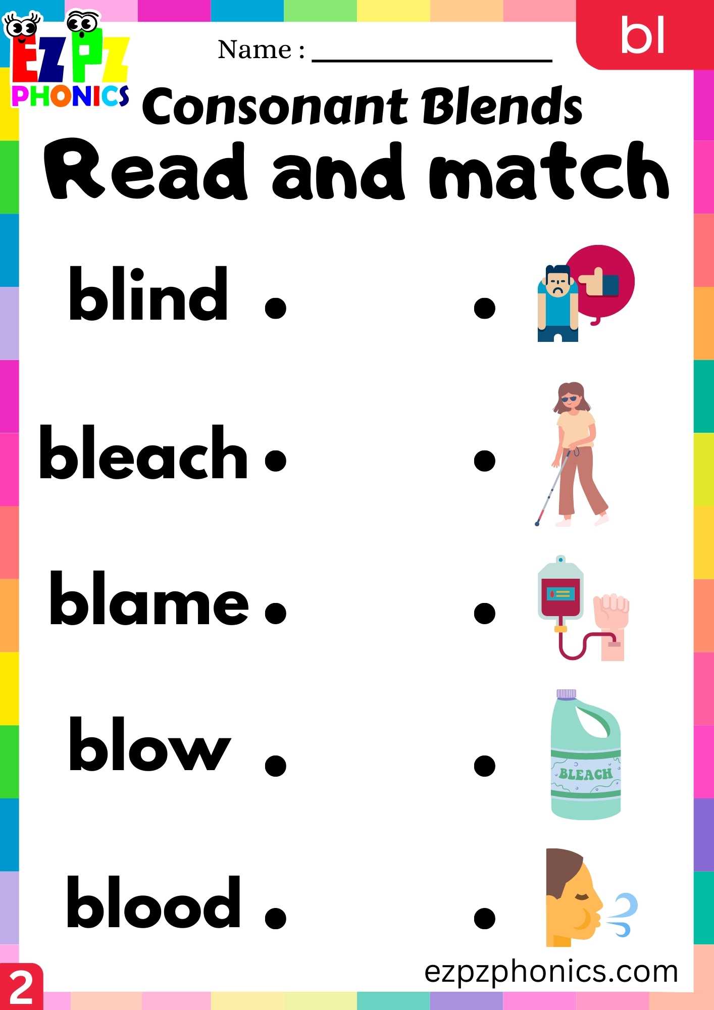 Group2 BL Words Read And Match Phonics Consonant Blends Worksheet - ezpzphonics.com